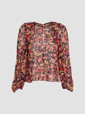 KIKA VARGAS Hitomi Floral Chiffon Linen Top - Navy