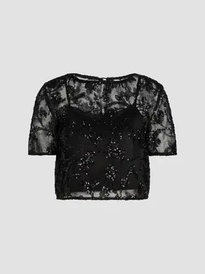 KIKA VARGAS Kana Sequined Floral Lace Top - Black