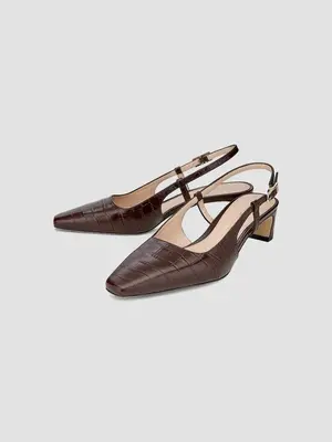 STUART WEITZMAN Baby Babette 40mm Croc-embossed Leather Slingback Pumps - Walnut
