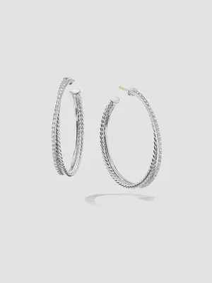 David Yurman Crossover Hoop Earrings In Sterling Silver With Diamonds - Diamond