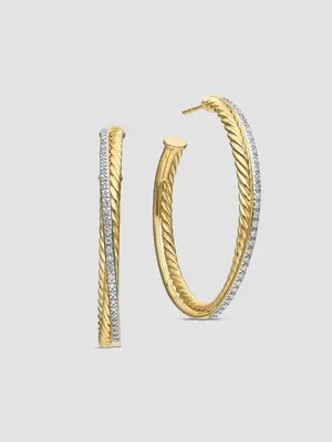 David Yurman Crossover Hoop Earrings In 18k Yellow Gold With Diamonds - Diamond