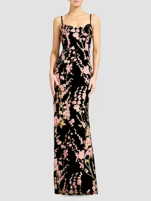 Dress The Population Giovanna Floral Velvet Gown - Black Multi