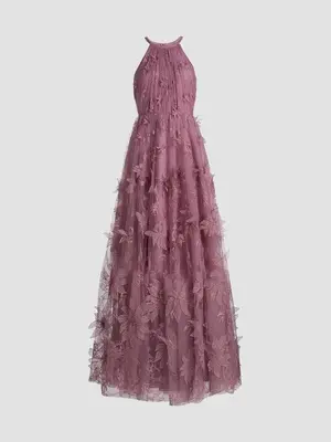 Theia Lux Floral-embroidered Gown