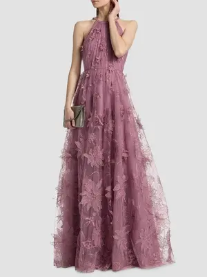 Theia Lux Floral-embroidered Gown