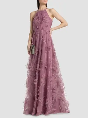 Theia Lux Floral-embroidered Gown