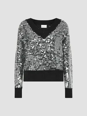 MILLY Ilaria Sequined V-neck Sweater - Black