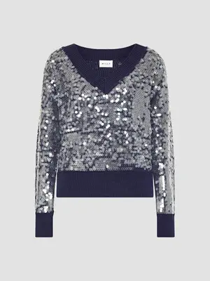 MILLY Ilaria Sequined V-neck Sweater - Navy