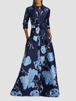 Rickie Freeman For Teri Jon Metallic Jacquard Shirt Gown - Navy Multi