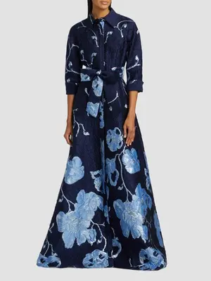 Rickie Freeman For Teri Jon Metallic Jacquard Shirt Gown - Navy Multi