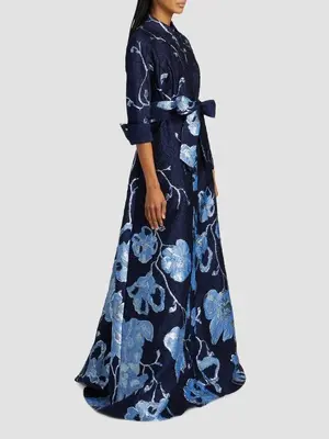 Rickie Freeman For Teri Jon Metallic Jacquard Shirt Gown - Navy Multi