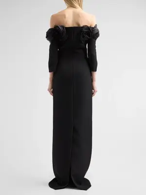 Rickie Freeman For Teri Jon Floral Crêpe Off-the-shoulder Gown