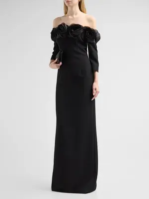 Rickie Freeman For Teri Jon Floral Crêpe Off-the-shoulder Gown
