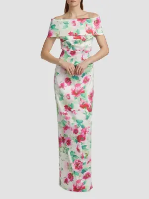 Rickie Freeman For Teri Jon Floral Ruched Off-the-shoulder Gown