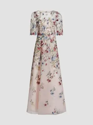 Rickie Freeman For Teri Jon Floral-embroidered Tulle A-line Gown - Blush Multi