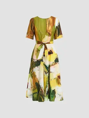 Rickie Freeman For Teri Jon Paint-print Boatneck Cotton Apron Midi-dress - Copper Mult