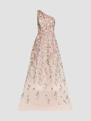 Rickie Freeman For Teri Jon Floral-embroidered One-shoulder Tulle Gown