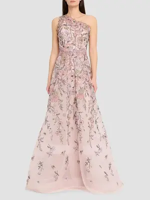 Rickie Freeman For Teri Jon Floral-embroidered One-shoulder Tulle Gown