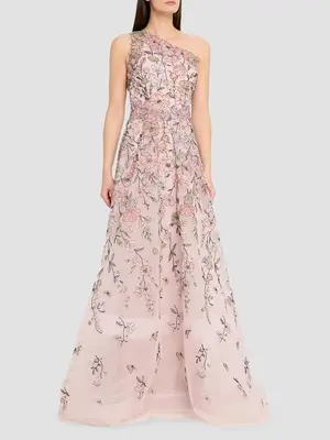 Rickie Freeman For Teri Jon Floral-embroidered One-shoulder Tulle Gown