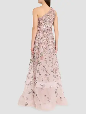 Rickie Freeman For Teri Jon Floral-embroidered One-shoulder Tulle Gown