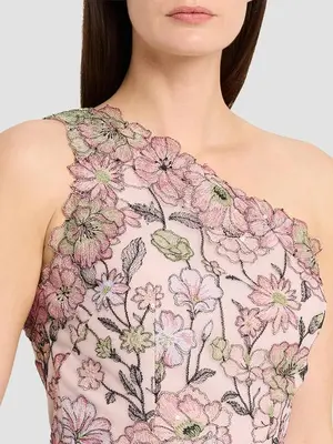 Rickie Freeman For Teri Jon Floral-embroidered One-shoulder Tulle Gown