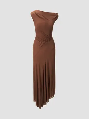 Staud Amaris Ruched Mesh Asymmetric Maxi Dress