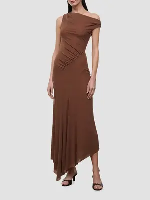 Staud Amaris Ruched Mesh Asymmetric Maxi Dress