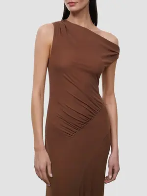 Staud Amaris Ruched Mesh Asymmetric Maxi Dress
