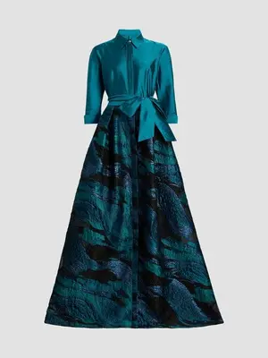 Rickie Freeman For Teri Jon Wave Jacquard Shirtwaist Gown - Teal Multi