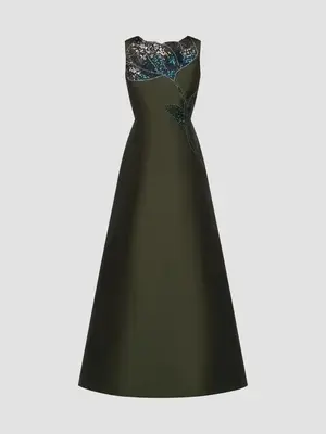 KAY UNGER Charlene Beaded Taffeta A-line Gown - Forest Elf