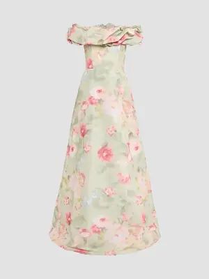 Rickie Freeman For Teri Jon Floral Off-the-shoulder Taffeta A-line Gown - Mint Mult