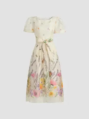 Rickie Freeman For Teri Jon Floral-print Linen-silk Midi-dress