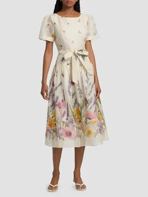 Rickie Freeman For Teri Jon Floral-print Linen-silk Midi-dress