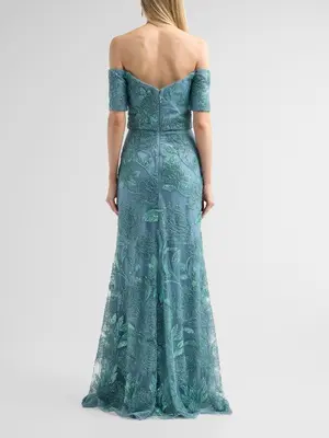 Theia Turin Floral Beaded Off-the-shoulder Gown
