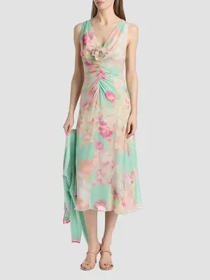Rickie Freeman For Teri Jon Floral Silk Chiffon Ruched-front Midi-dress