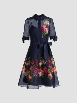 Rickie Freeman For Teri Jon Floral Linen-silk Knee-length Shirtdress - Navy Multi