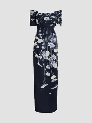 Lela Rose Floral Faille Off-the-shoulder Gown - Navy Multi