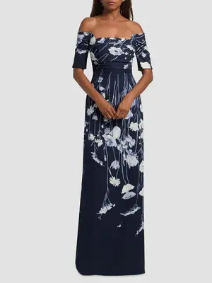Lela Rose Floral Faille Off-the-shoulder Gown