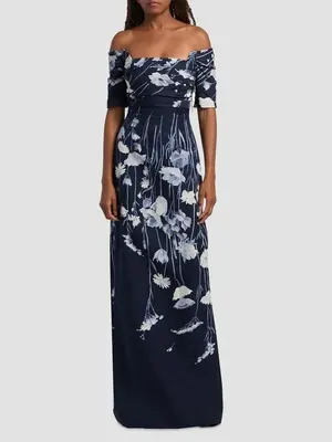 Lela Rose Floral Faille Off-the-shoulder Gown