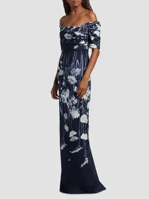 Lela Rose Floral Faille Off-the-shoulder Gown