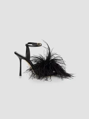 STUART WEITZMAN Boa 100mm Feather-accent Satin Sandals - Black