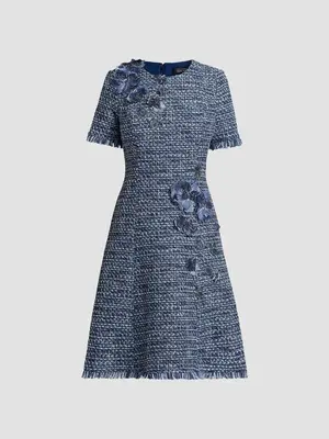 Rickie Freeman For Teri Jon 3d Floral Appliqué Tweed Mini Cocktail Dress - Blue Multi