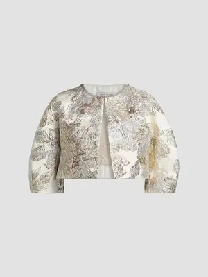 Rickie Freeman For Teri Jon Metallic Jacquard Crop Bolero - Beige Multi