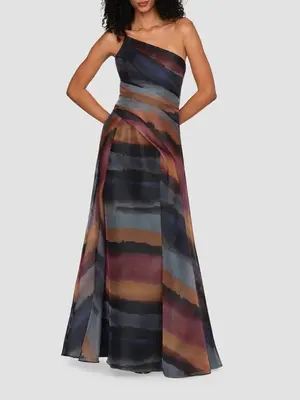 KAY UNGER Daniela Watercolor-print One-shoulder Gown