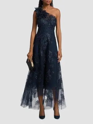 Rickie Freeman For Teri Jon Flower Embellished One-shoulder Tea-length Dress