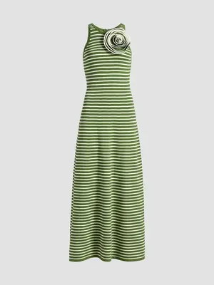 Lela Rose Rosette Striped Sleeveless Maxi Dress