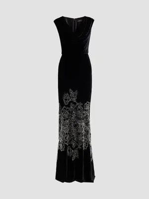 Theia Ophelia Beaded Velvet Gown - Black Silver