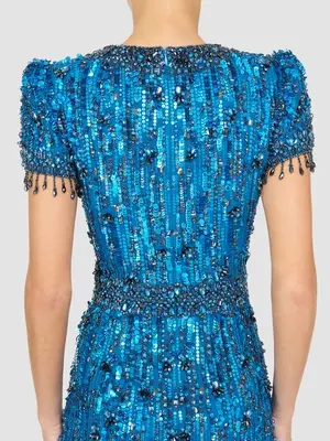 Jenny Packham Roxy Embellished Fringe Column Gown