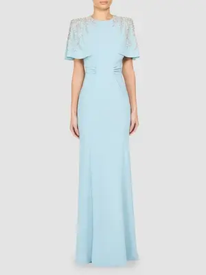 Jenny Packham Petal Embellished Stretch Crêpe Sheath Gown - Bluebird