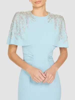 Jenny Packham Petal Embellished Stretch Crêpe Sheath Gown - Bluebird