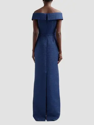 Rickie Freeman For Teri Jon Basket Weave Jacquard Off-the-shoulder Column Gown